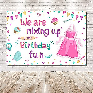 MEHOFOND 7x5ft Baking Cooking Girl Birthday Backdrop We are Mixing Up Some Birthday Fun Pink Cake Kitchen Party Table Banner Decor Photography Props Background Photocall Supplies