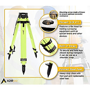 AdirPro High Visibility Universal Survey Tripod – Aluminum Laser Level Tripod – Transit Level Tripod - Quick Clamp - Heavy Duty Contractor Tripod 5/8” x 11” Thread (Green)