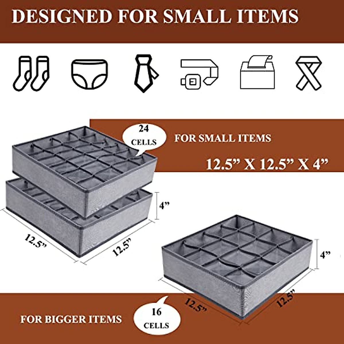 Bructhun Sock Underwear Drawer Organizers, 3 Pack Closet Organizers and Storage Boxes, 64 Cells Wardrobe Cabinet Dividers, 24+24+16 Grey