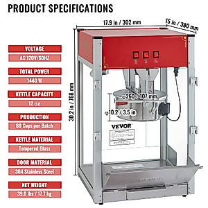 VEVOR Commercial Popcorn Machine, 12 Oz Kettle, 1440 W Countertop Popcorn Maker for 80 Cups per Batch, Theater Style Popper with 3-Switch Control Steel Frame Tempered Glass Doors 1 Scoop 2 Spoons, Red