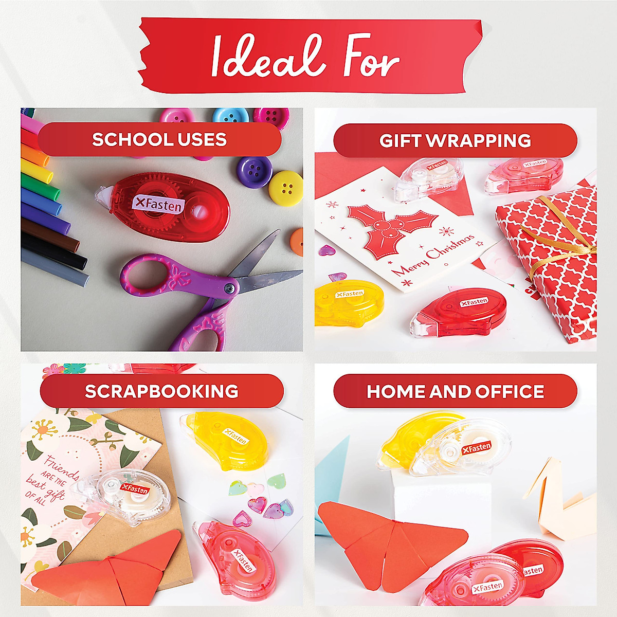 XFasten Double Sided Tape for Scrapbooking, 8mm x 30ft 4-Pack Multicolor Adhesive Tape Roller Runner, Jam-Free Craft Tape Ideal Scrapbook Album Kit