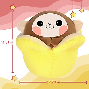 PLAYNICS Large Banana Monkey Plush Pillow Stuffed Animal Toy,Big Size Cute Soft 12" Fat Kawaii Hugging Cuddle Plushie,Gift for Kids (Banana Monkey)