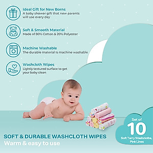 Spasilk Washcloth Wipes Set for Newborn Boys and Girls, Soft Terry Washcloth Set, Pack of 10, Pink Lines