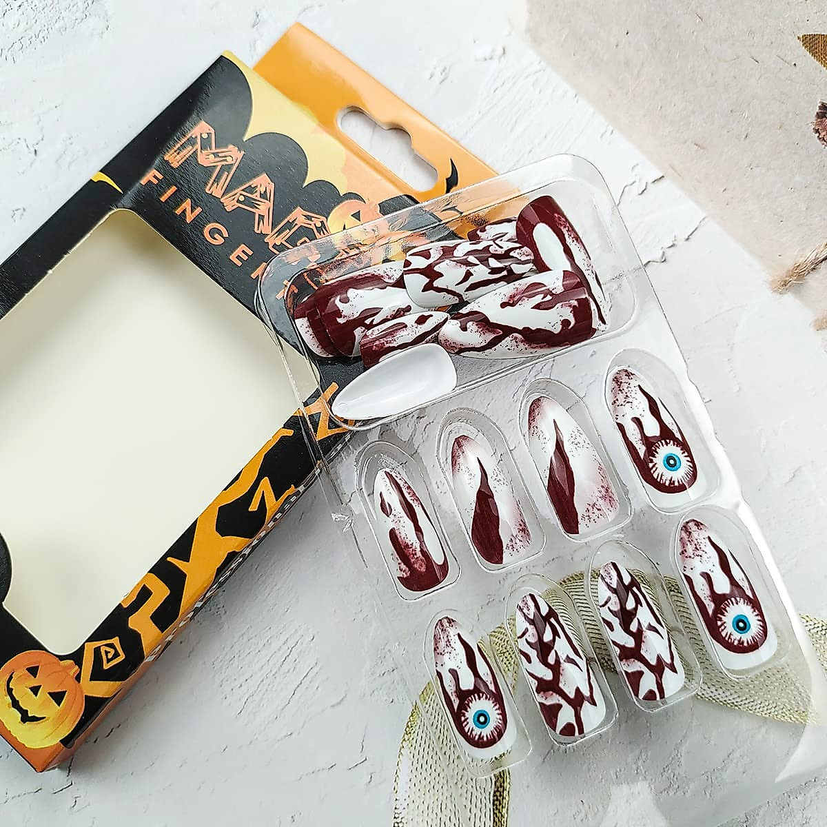 Day of the Dead Press on Nails Medium Length Halloween Fake Nails Almond False Nail with Design Halloween Horror Red Eyeball Artificial Nails Press On Full Cover Nail Tips 24Pcs