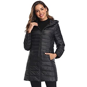 Obosoyo Women's Winter Packable Down Jacket Plus Size Lightweight Long Down Outerwear Puffer Jacket Hooded Coat Black XL