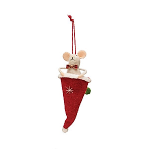 Creative Co-Op Wool Felt Mouse in Hat with Bowtie Ornament, Red, White and Green
