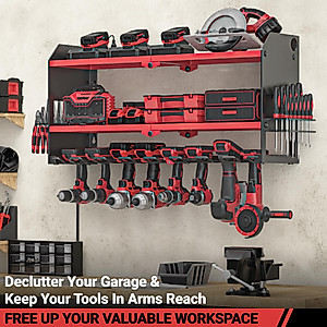YYR Power Tool Organizer with Charging Station Wall Mount, Cordless Drill and Battery Holder for Garage Organization, Electric Tools Storage Rack Build in Surge Protection Power Strip - Red Shelf