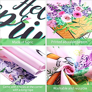 Hello Winter Welcome Porch Sign Door Cover Banner Winter Party Decoration Backdrop Floral Bike Banner Large Seasonal Door Banner Background Door Cover, 70.8 x 35 Inch (Spring Style)