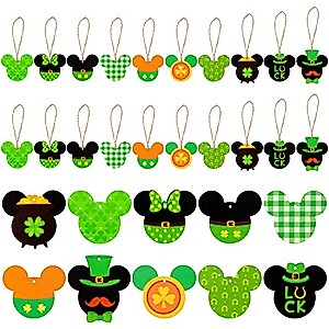 30Pcs St. Patrick’s Day Mouse Wood Hanging Ornaments Shamrock Lucky Clover Hanger Bauble Trefoil Pendant with Rope Irish Mouse Decoration Embellishments Gift Tag Crafts Supplies for Party Home Decor