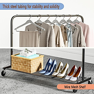Simple Trending Clothing Garment Rack, 44 Inch Rolling Clothes Organizer on Wheels for Hanging Clothes with Mesh Shelves, Black