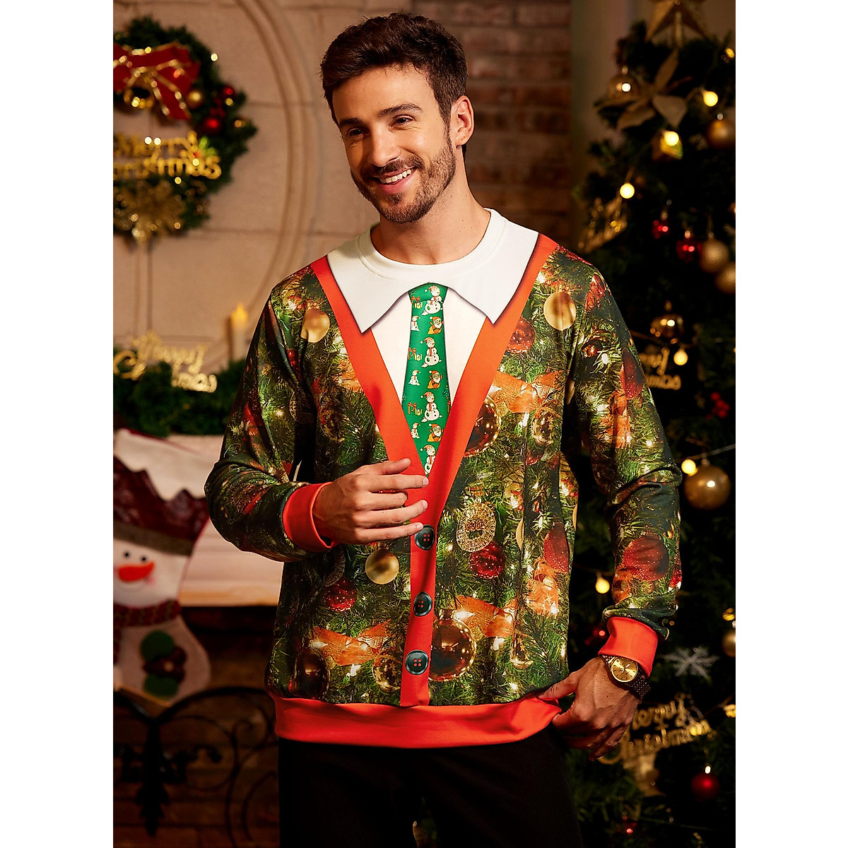 Arvilhill Christmas Men's Ugly Holiday Party Sweatshirt Tie Printed Light Bulb Long Sleeve Sweater Xmas Bells 2XL