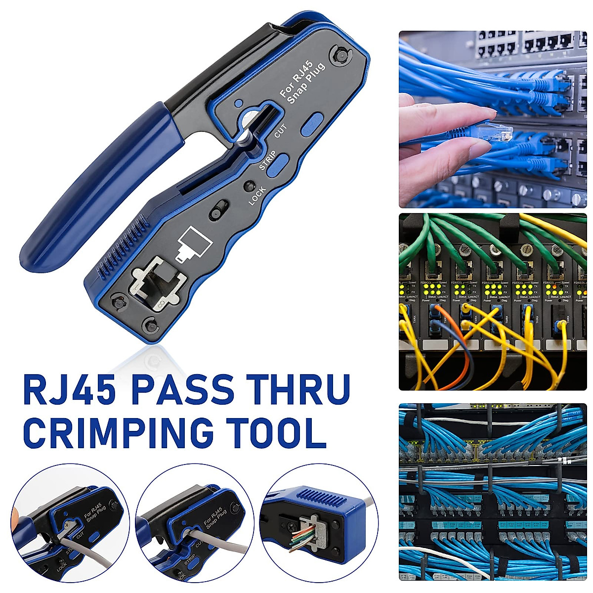 RJ45 Crimp Tool Kit Pass Thru Ethernet Crimper for Cat5e Cat6 Cat6a 8P8C Modular Connectors, All-in-One Cat6 Crimping Tool and Tester(9V Battery Not Included)
