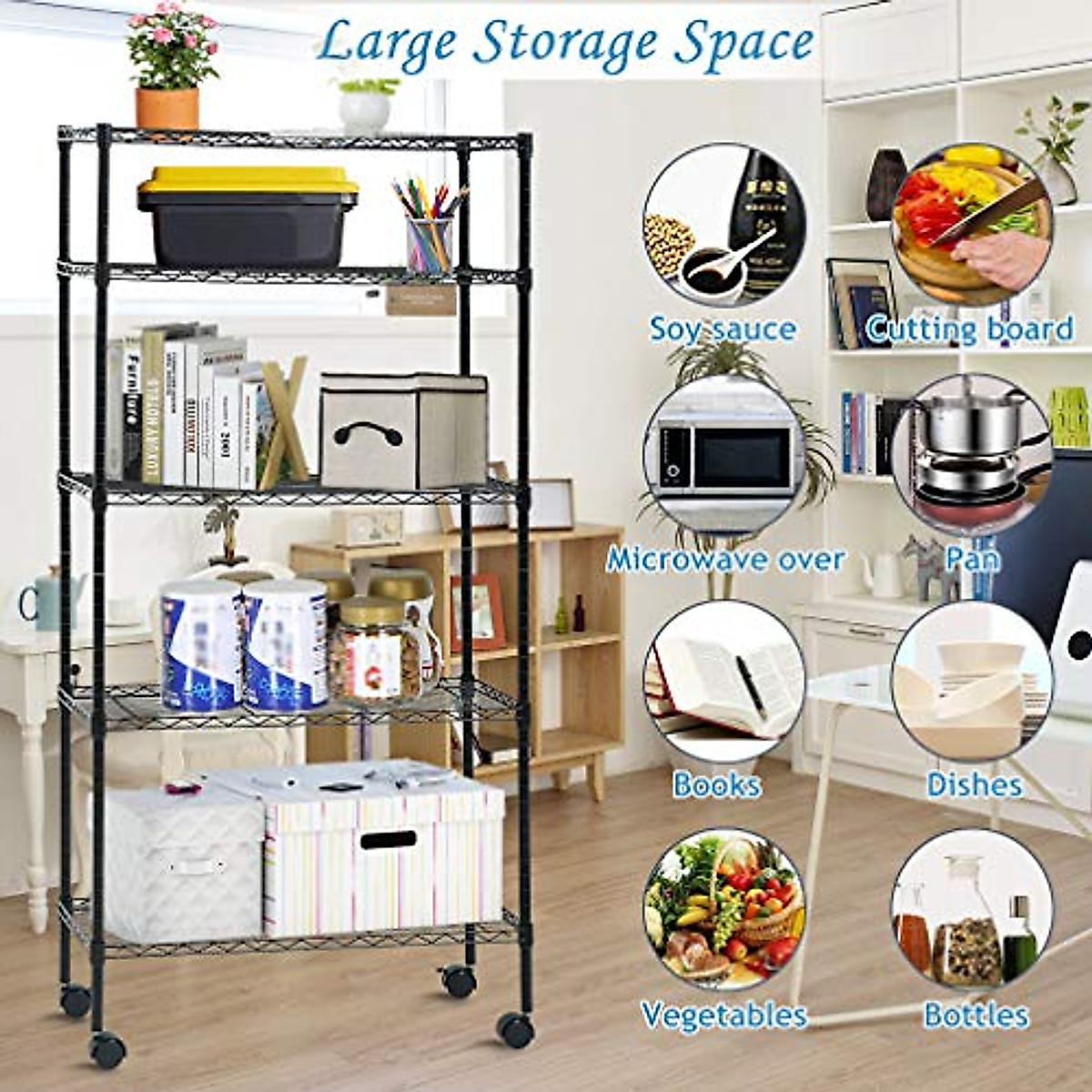 5 Tier Wire Shelving Unit NSF Heavy Duty Organizer Rack Height Adjustable Utility Steel Storage Shelves 14”W x 30”L x 60”H Commercial Grade Layer Shelf Metal Shelves w/Wheels for Garage Office Kitchen