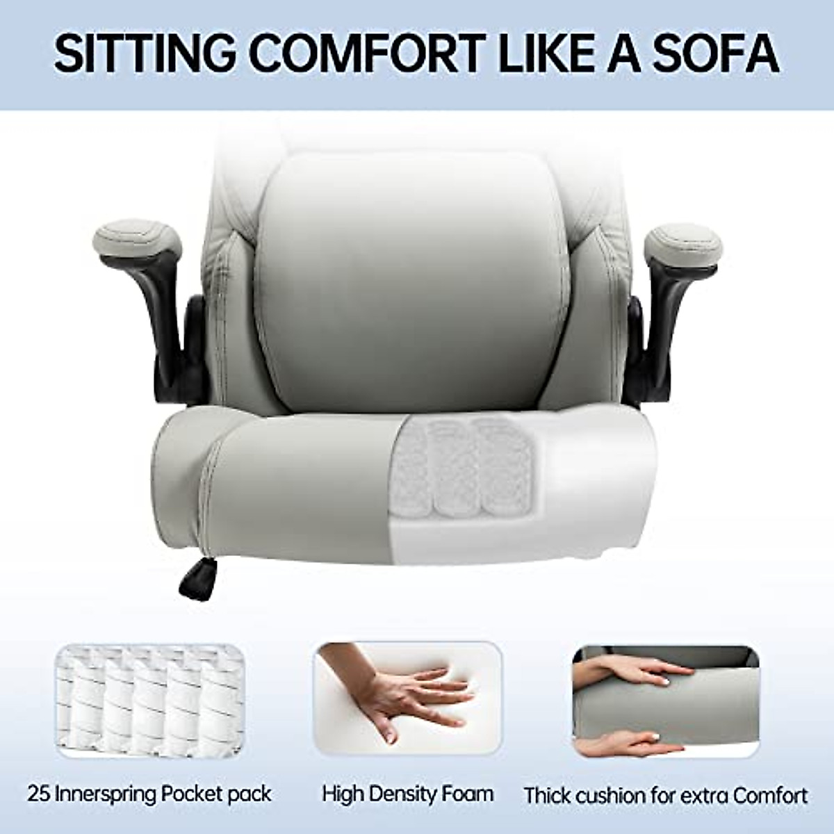 Leather Executive Office Chair- Ergonomic High Back PU Home Computer Desk Chair with Padded Flip-up Arms, Adjustable Height with Thick Seat and Tilt Function for Working Study, Grey