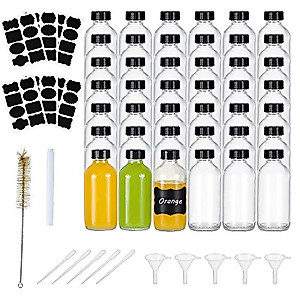 4oz Clear Glass Bottle with Poly Cone Cap, Boston Round Sample Glass Bottle for Potion, Juice, Ginger Shots, Oils, Whiskey, Liquids-48 Labels, 5 Funnels, 5 Droppers, 1 Brush&Chalk Marker-Pack of 42