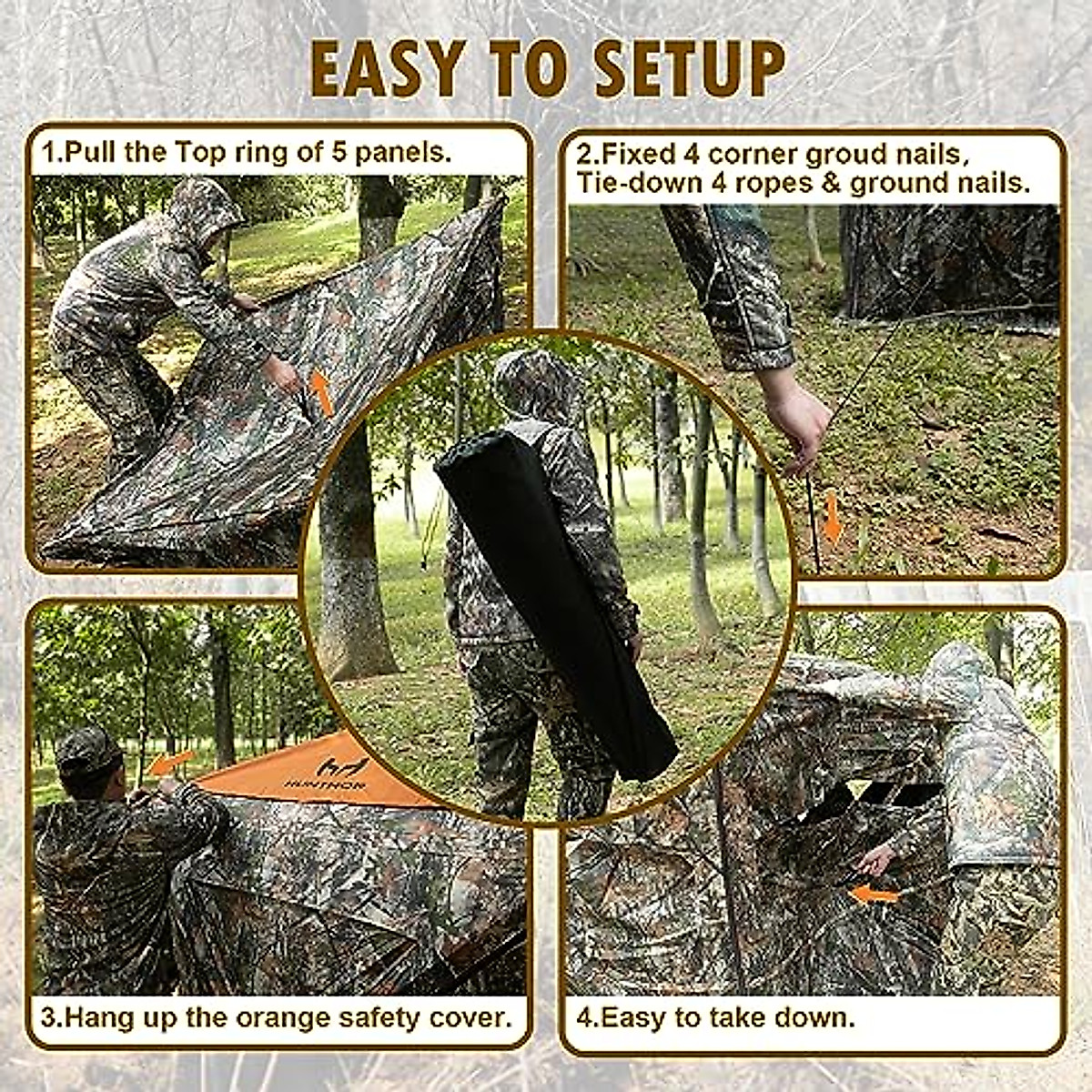 Hunthor Hunting Blind, 270° See Through Hunting Ground Blinds with Silent Zipper and Orange Blind Cap, Portable 2-3 Person Pop Up Hunting Tent for Deer and Turkey Hunting with Carry Bag