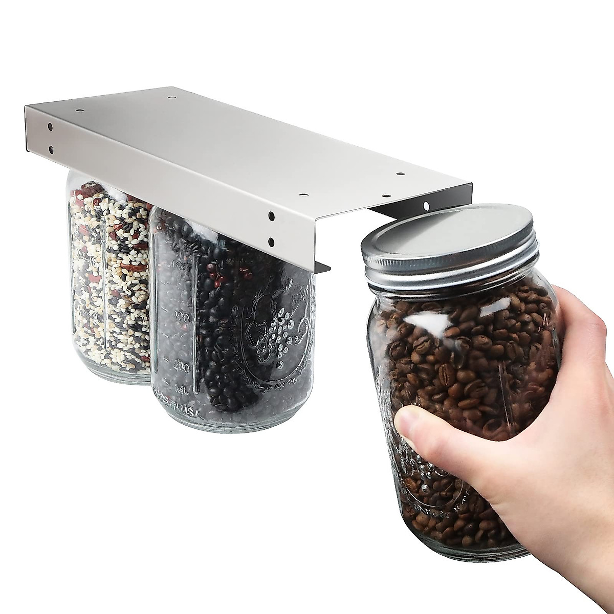 YEEPON mason jar racks, mason jar holders,mason jar holders for hanging,Stainless Steel Holder with 3 Mounting Options for Kitchen, Shelves and Cabinets,Wide Mouth（2Pack