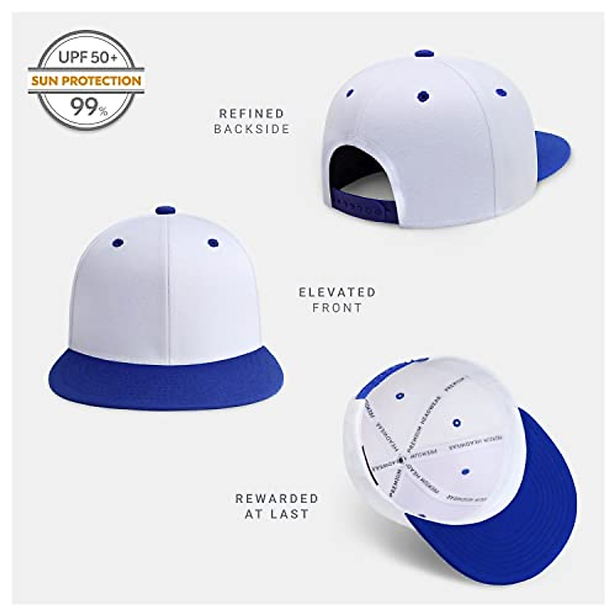 CHOK.LIDS Flat Bill Visor Classic Snapback Hat Blank Adjustable Brim High Top End Trendy Color Style Two Tone Baseball Cap (White/Royal)