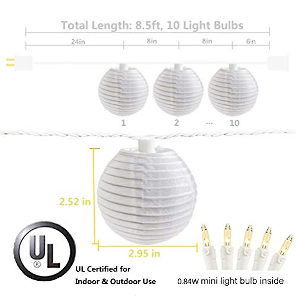 SkrLights 8.5Ft Mini Lantern String Lights -10 White Nylon Hanging Lanterns with Warm White Bulbs Included, Plug in, Connectable up to 25 Strands, White Lights String for Bedroom, Patio, Backyard