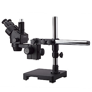 AmScope 7X-135X Black Trinocular Stereo Zoom Microscope on Single Arm Boom Stand + 144 LED Ring-Light with USB2.0 5MP Camera
