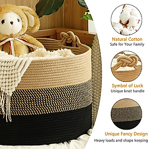 KAKAMAY Large Blanket Basket,Woven Baby Laundry Hamper for Storage, Cotton Rope Blankets Baskets for Nursery, Laundry, Living Room, Pillows, Baby Toy Chest with Handles (Black)