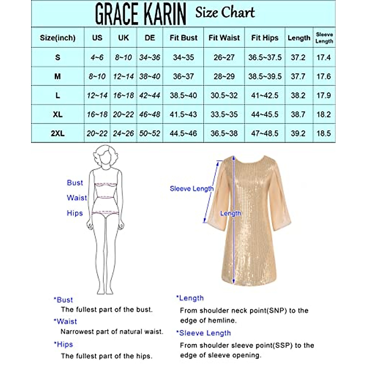 GRACE KARIN Women 3/4 Sleeve Shimmer Sparkle Sequin Party Dresses Rose Red XL