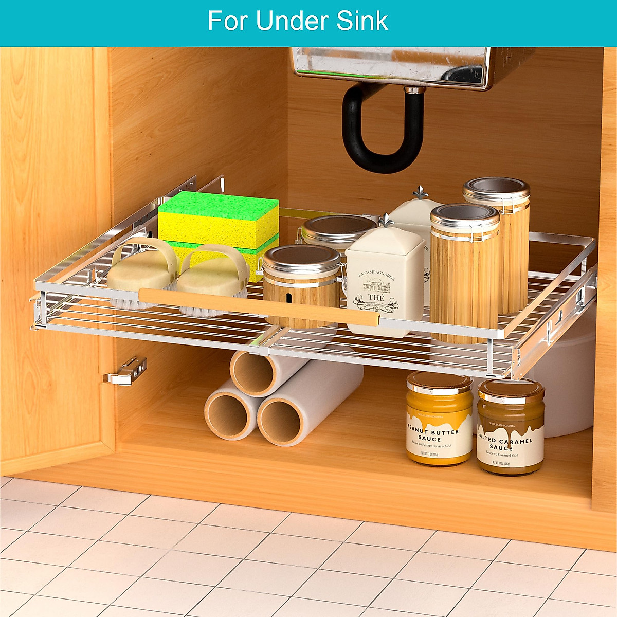 iPEGTOP Pull Out Cabinet Drawer Shelf Organizer, Extendable Sliding Slide Out Pantry Shelves Storage Heavy Duty for Kitchen Cabinets Under Sink, Adjustable Width 16.1~26.4" W x 17.3" D