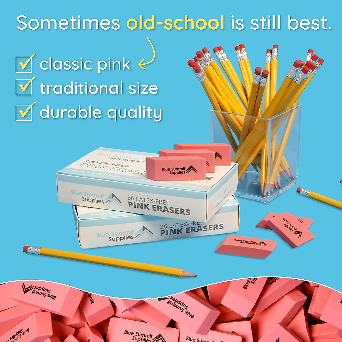 Blue Summit Supplies Pink Erasers, Bulk Erasers for Art, School, and Office Use, Classroom Set, 36 Pack