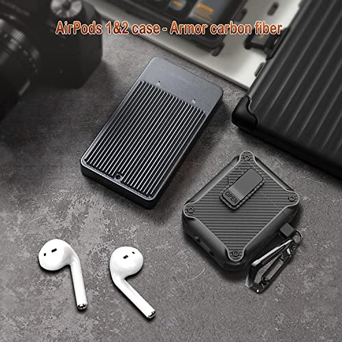 R-fun Airpods Case Cover with Automatic Secure Lock Clip, Protective Rugged Hard Shell for Apple Airpods 2nd & 1st Generation Charging Case with Carbon Fiber Keychain-Black