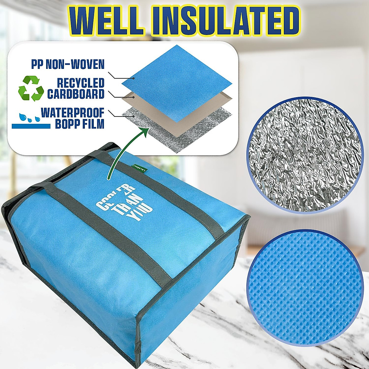 LALABAG Large Insulated Grocery Bag for Hot & Cold Food, Catering, and Delivery – Reusable, Foldable, Heavy-Duty Carrier for Frozen Items, Pizza, and Meal Transport (Pack 2)