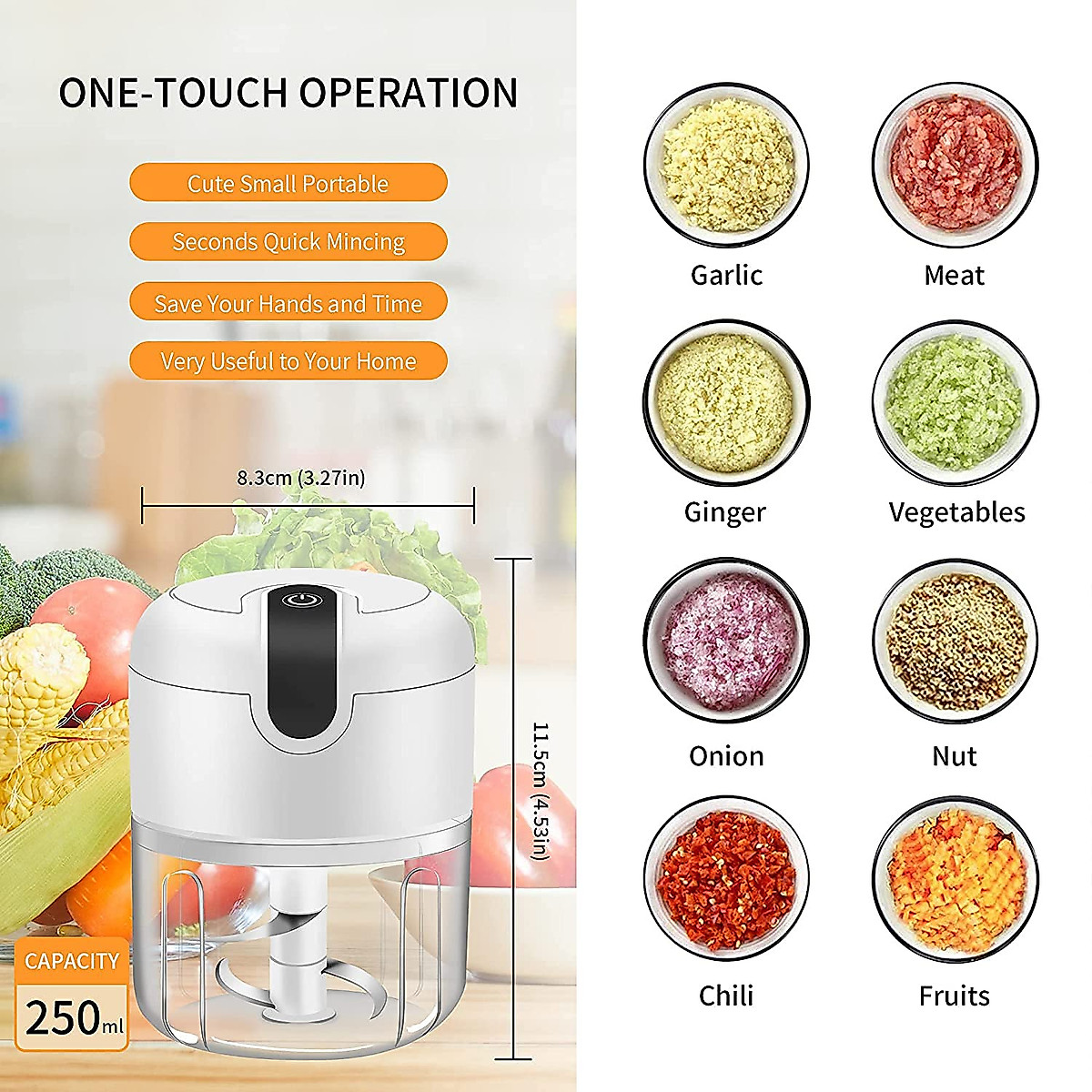 Vshinic Electric Mini Garlic Chopper,Food Processor,Portable Cordless Garlic Mincer Masher,Meat Grinder with USB Charging For Vegetable,Chili,Fruits,Ginger,Baby Food,Seasoning 250ml(White)