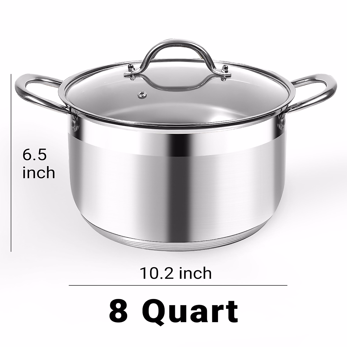 Kirecoo Stainless Steel Stock Pot - 8 Quart Heavy Duty Induction Cooking Pot with Visible Lid for Pasta, Soup, Spaghetti, Nonstick Thick Bottom Big Soup Canning Pot, Deep Cookware Boiling Simmer Pot