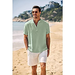 COOFANDY Men's Casual Henley Shirt Band Collar Short Sleeve Shirt Beach Shirt Light Green