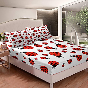 Feelyou Ladybug Bedding Set Cute Bug Pattern Bed Sheet Set for Boys Girls Entomology Fitted Sheet Kids Toddler Twin Size Includes 1 Sheets & 1 Pillowcase (No Flat Sheet)