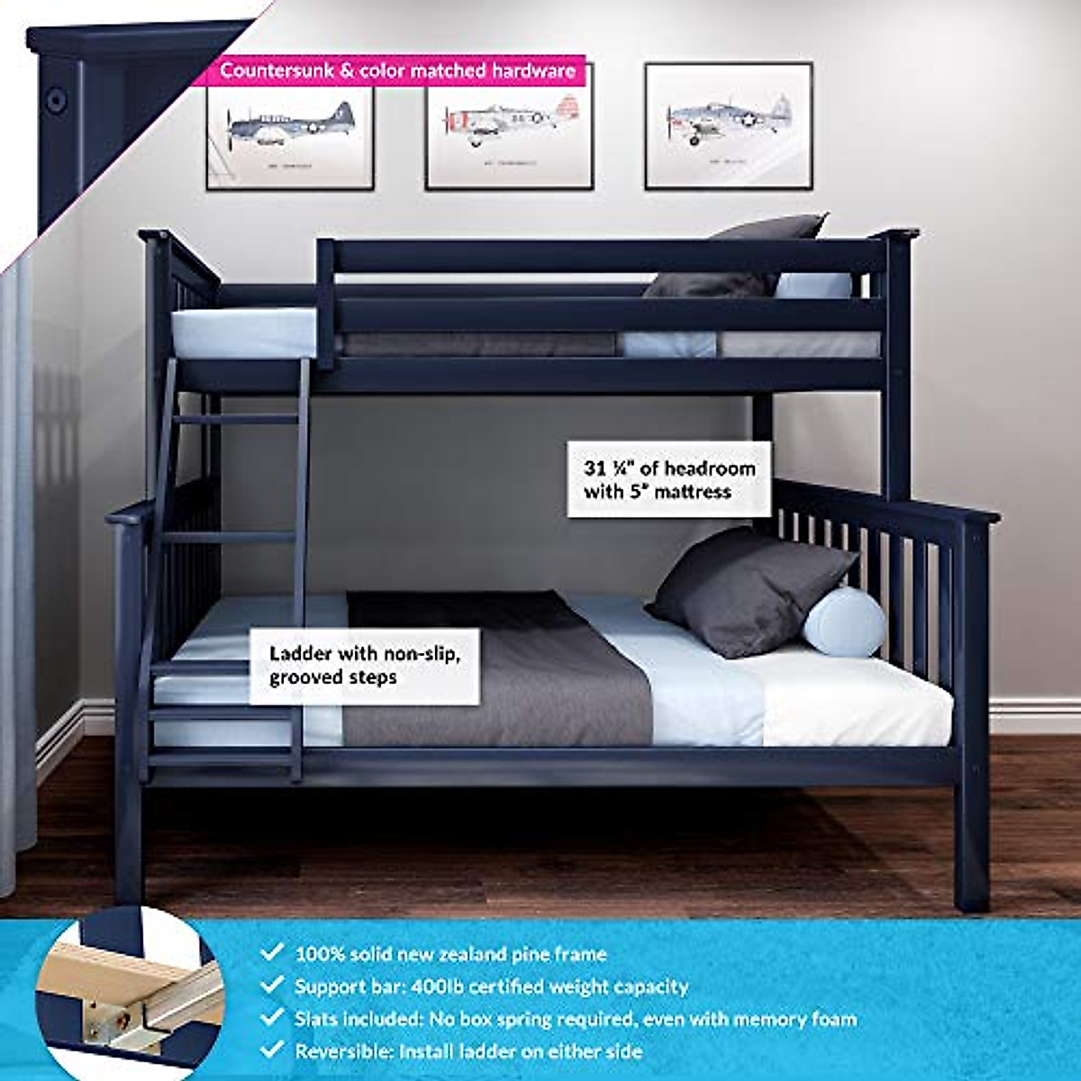 Max & Lily Bunk Bed, Twin-Over-Full Wood Bed Frame For Kids, Blue