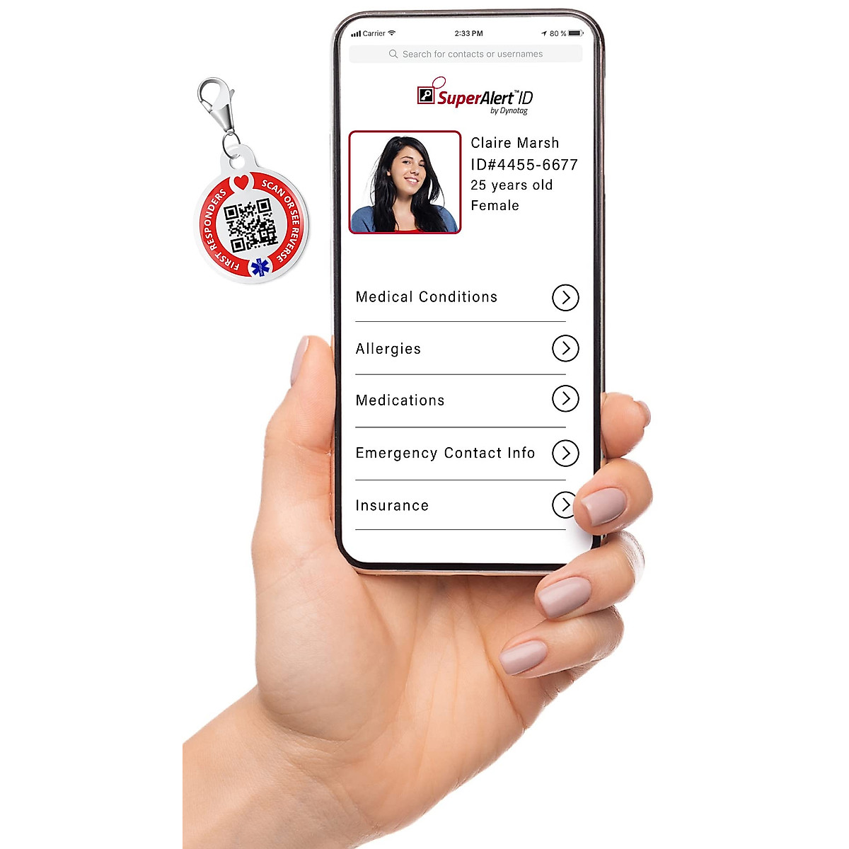 Dynotag® Web Enabled Smart Medical ID/Emergency Information Round Steel Tag - 30 mm. Includes Lobster Clasp, with DynoIQ™ & Lifetime Service.