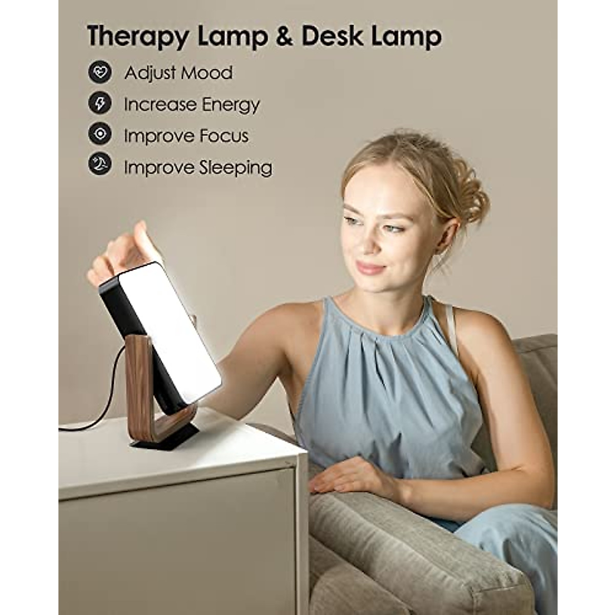 ALBINA Litght Therapy Lamp UV-Free 10,000 Lux Sunlight Lamp with 5 Adjustable Brightness 4 Timer Function, Detachable Stand Wooden Frame, Sun Lamp for Home/Office (Black/Walnut)