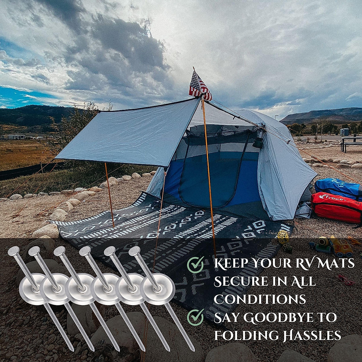 RV Rug Stakes - Set of Six Metal Patio Rug Stakes with a Bag Included for Outside Your Camper or for Use as Tarp Stakes - 6 Tent pegs for Camping