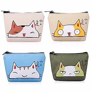 iSuperb Pack of 4 Coin Purse Oxford Small Zipper Wallet for Coins Cash Credit Card USB Charger Cable Headset Keys Lipstick (Cute Cat)