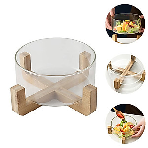 DOITOOL Creative Glass Serving Bowls, Round Salad Container, Clear Salad Serving Bowl with Wood Stand for Pistachios, Edamame, Cherries, Nuts, Fruits, Candies