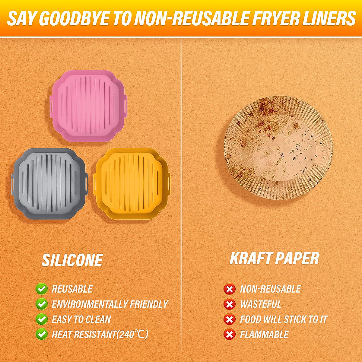 3 Pcs Air Fryer Silicone Liners, Air Fryer Basket 8 inch Square Heat Resistant Reusable Air fryers Silicone Pot for 4 to 7 QT Air Fryer Oven Microwave (Gray+Pink+Yellow)