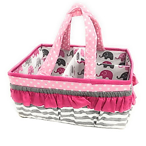 Bacati Elephants Girls Nursery Fabric Storage Caddy with Handles, Pink/Grey
