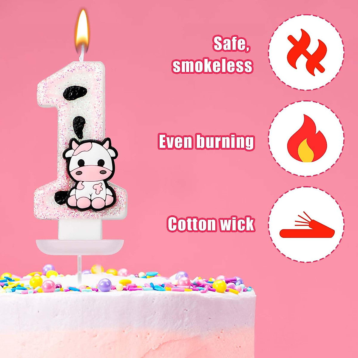 Cow Birthday Cake Candle, Pink Cow Sparkling Birthday Candle Cute Cow Print Number Candle Cake Topper Candle Birthday Cake Decorations Cow Print Birthday Decorations (1)
