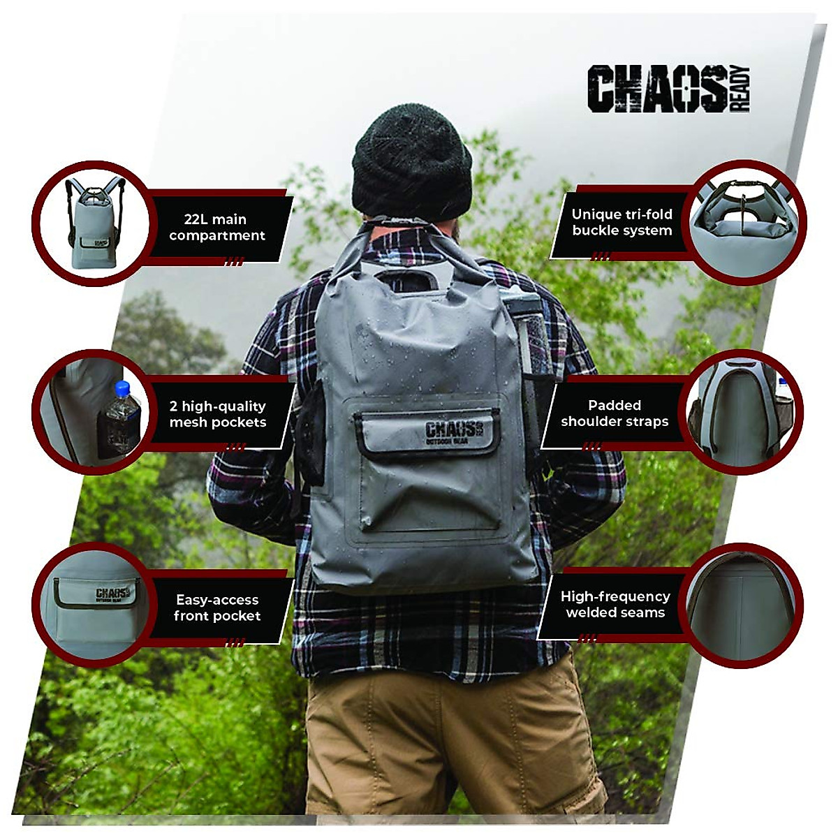 Chaos Ready Waterproof Dry Bag Backpack | Marine Dry Bag For Kayaking, Fishing, Gray,