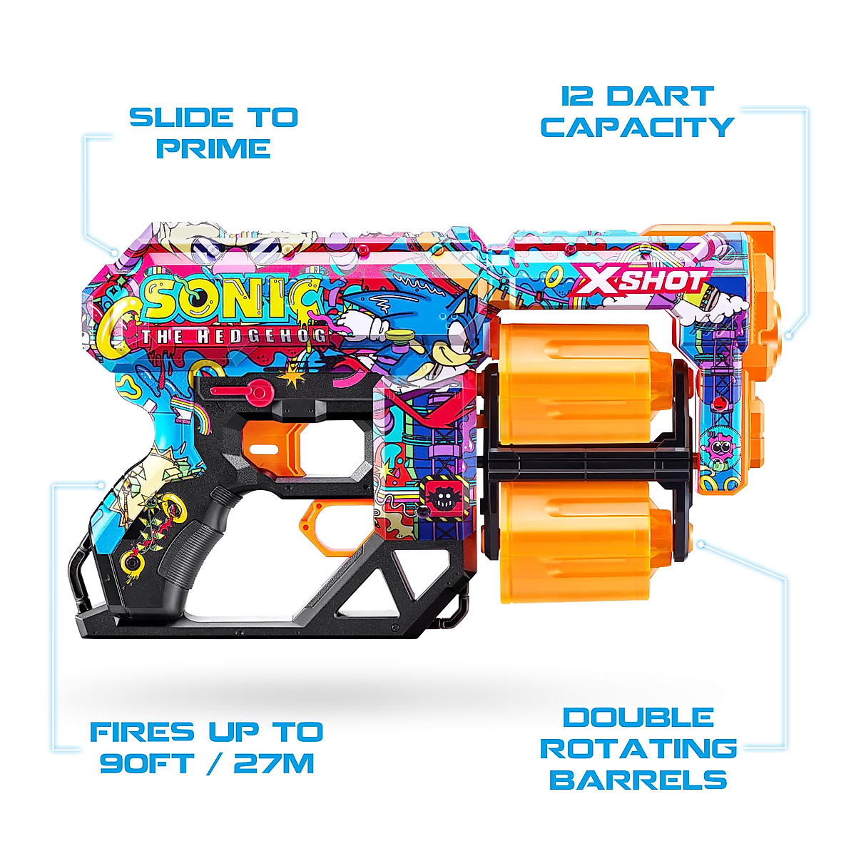 X-Shot Skins Dread Sonic Robotnik Blaster with 24 Darts - Malice Skin by ZURU, Double Rotating Barrels, Air Pocket Dart Technology, Toy Foam Blaster for Kids, Teens and Adults