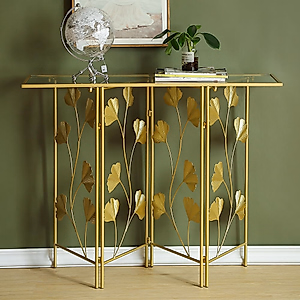 40 Inch Gold Console Table, Sofa Table, Modern Entryway Table, Tempered Glass Shelf with Ginkgo Leaves Decorative for Entryway Living Room Bedroom