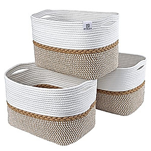 RITHLELA Woven Baskets 15"x10"x9" Cotton Rope Cube Storage Baskets Set of 3 Decorative Baskets Closet Cloth Storage Baskets and Bins for Shelves with Handles for Blanket, Laundry, Clothes - Light Tan