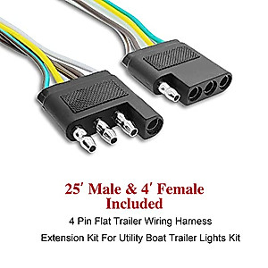 Trailer Wiring Harness Kit, LIMICAR Trailer Wire, 25ft Trailer Wiring Harness with 4 Flat Extension Connector, 4 Pin Wishbond Trailer Harness for Utility Boat Trailer Light Kit