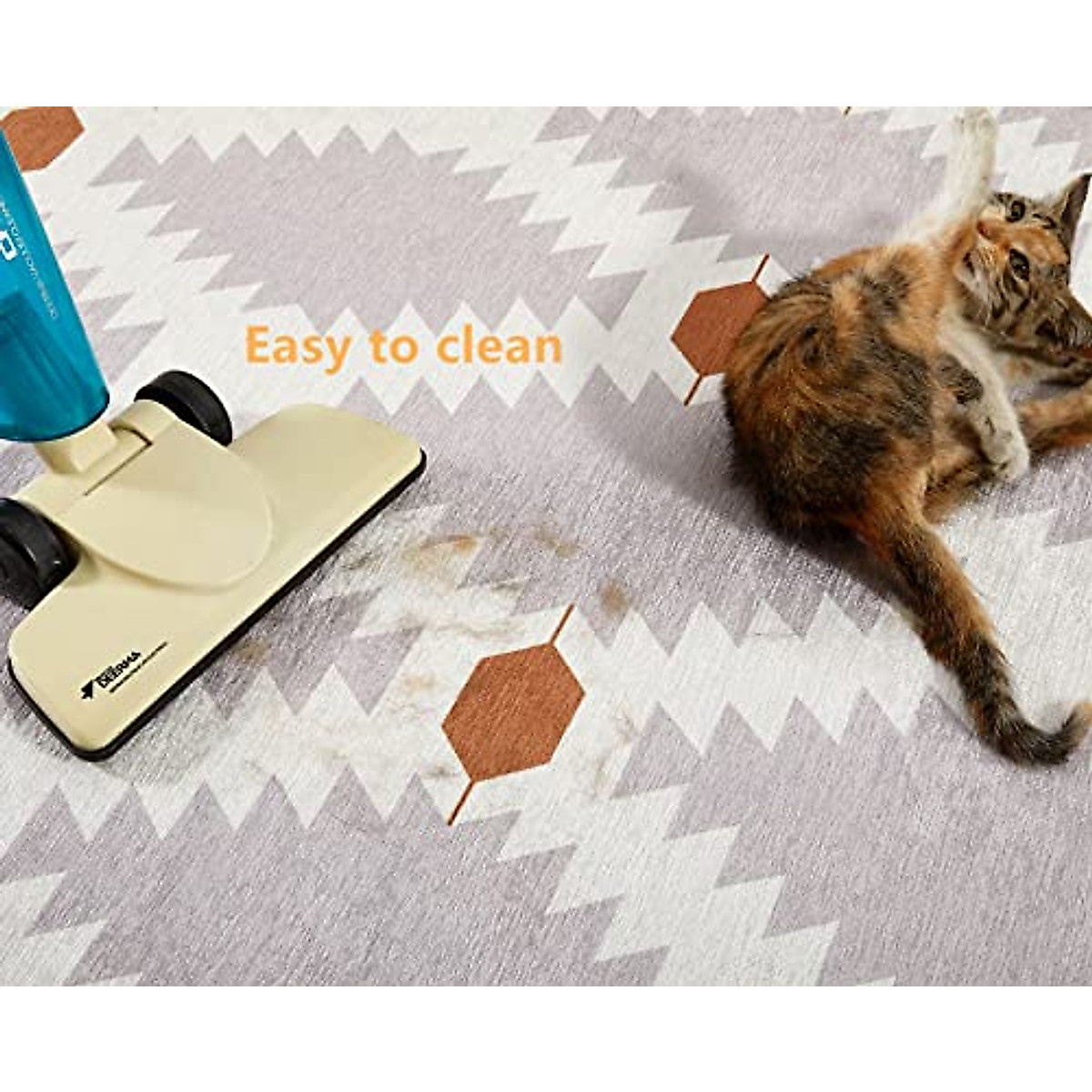 RoomTalks Flatweave Ultra Thin Area Rugs 4x6, Slip Resistant No-Pile Chenille Printed Modern Geometric Khaki Area Rug Machine Washable, Boho Vintage Floor Carpet for Dining Room Kitchen Entryway