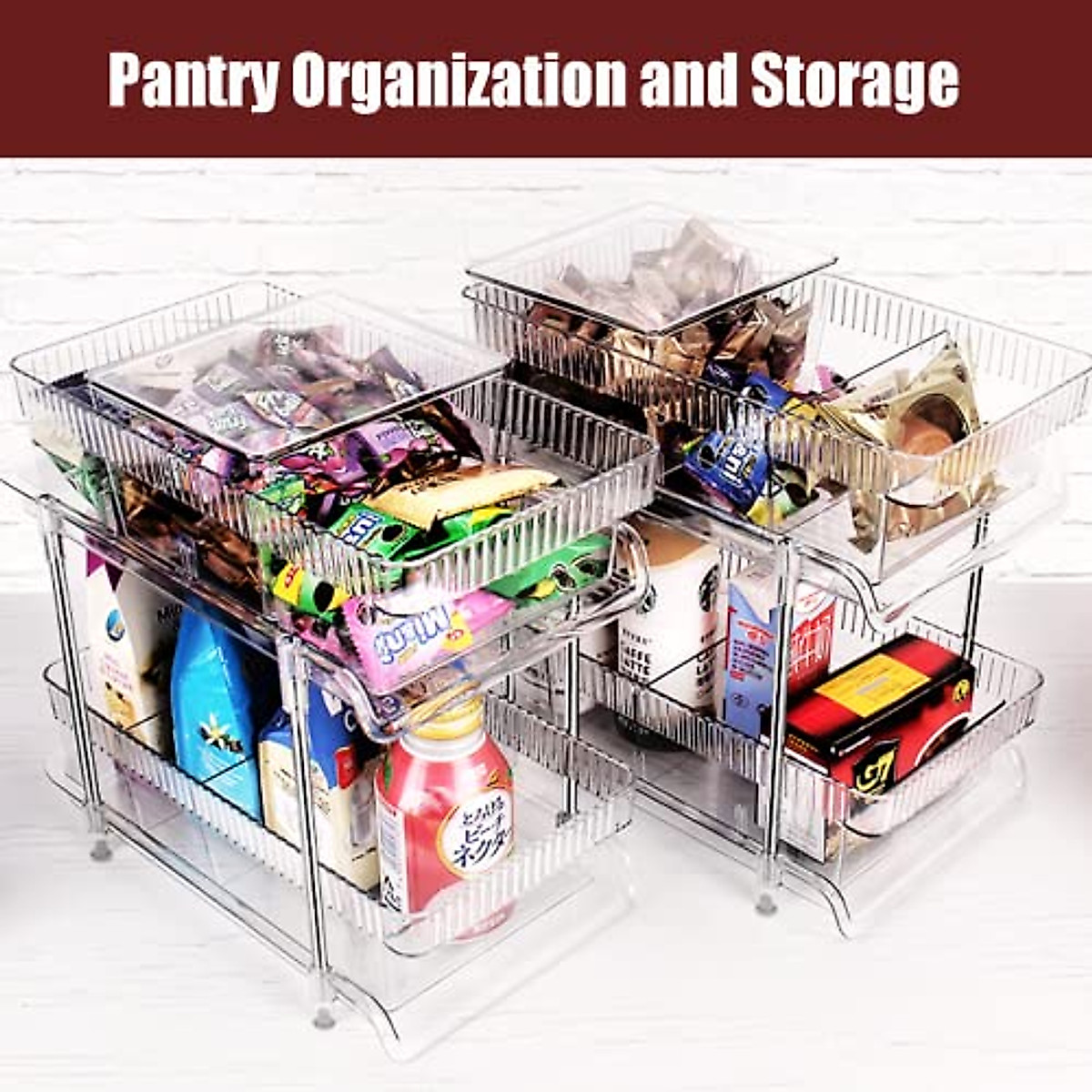 DYFAIS 2 Tier Clear Organizer with Dividers, Multi-Purpose Slide-Out Storage Container, Kitchen Pantry Medicine Cabniet Bins, Bathroom Vanity Counter Organizing Tray, Under Sink Closet Organization